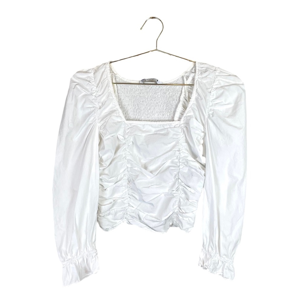 Nwot Zara White Puff Sleeve Ruched Blouse Size Xs - Gem